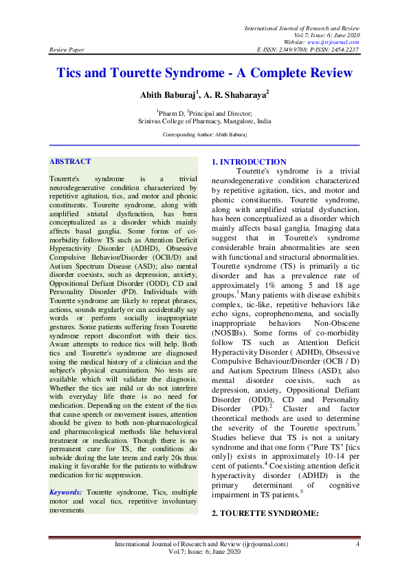 Pdf Tics And Tourette Syndrome An Adult Perspective Nestor Galvez
