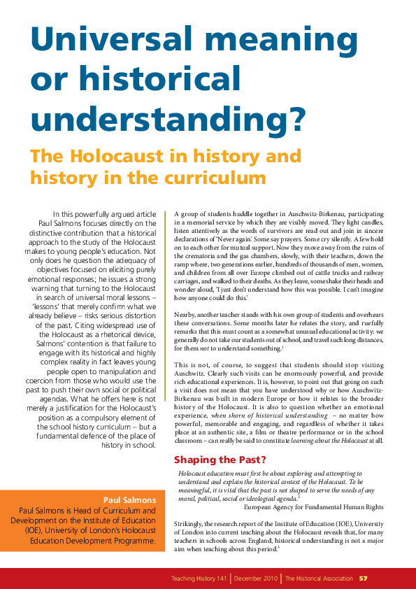 (PDF) Universal meaning or historical understanding? The Holocaust in ...
