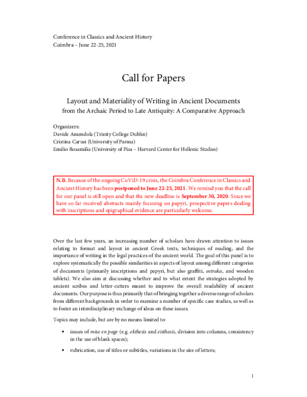 (PDF) Call for Papers: Layout and Materiality of Writing in Ancient ...