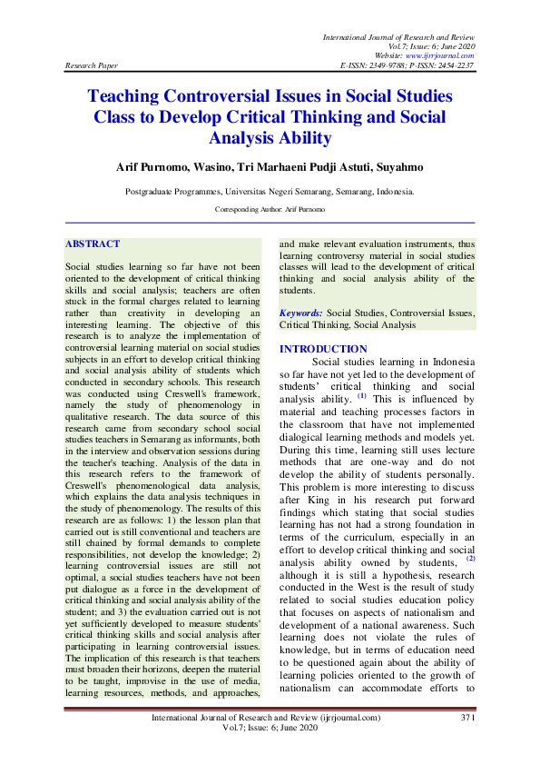(PDF) Teaching Controversial Issues in Social Studies Class to Develop ...