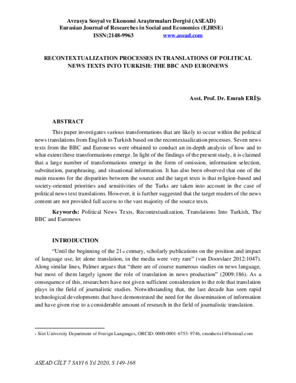 (PDF) RECONTEXTUALIZATION PROCESSES IN TRANSLATIONS OF POLITICAL NEWS ...