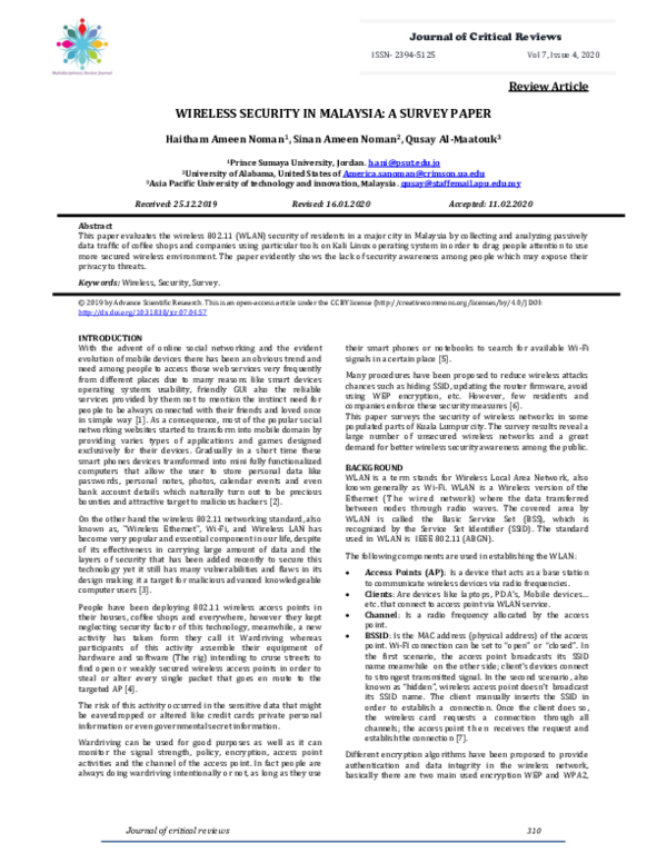 (PDF) WIRELESS SECURITY IN MALAYSIA: A SURVEY PAPER
