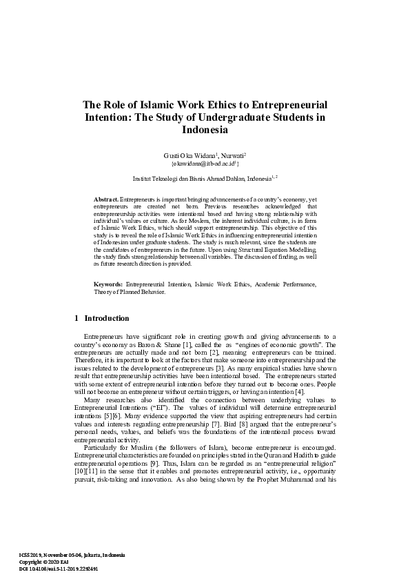 (PDF) The Role of Islamic Work Ethics to Entrepreneurial Intention: The ...