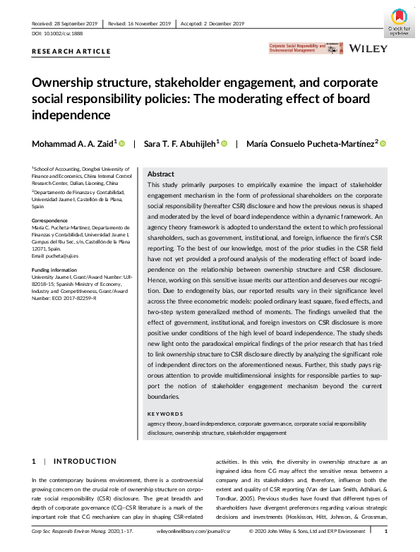 (PDF) Ownership structure, stakeholder engagement, and corporate social ...