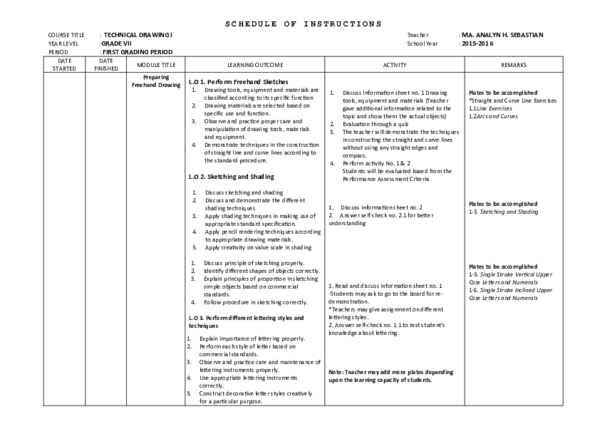 (DOC) SCHEDULE OF INSTRUCTIONS COURSE TITLE : TECHNICAL DRAWING I DATE ...