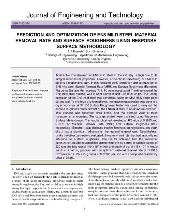 (PDF) PREDICTION AND OPTIMIZATION OF EN8 MILD STEEL MATERIAL REMOVAL RATE AND SURFACE ROUGHNESS ...