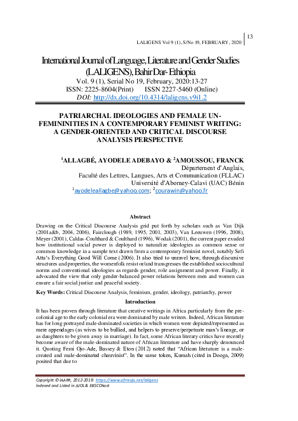 (PDF) Patriarchal Ideologies and Female Un-Femininities in a ...