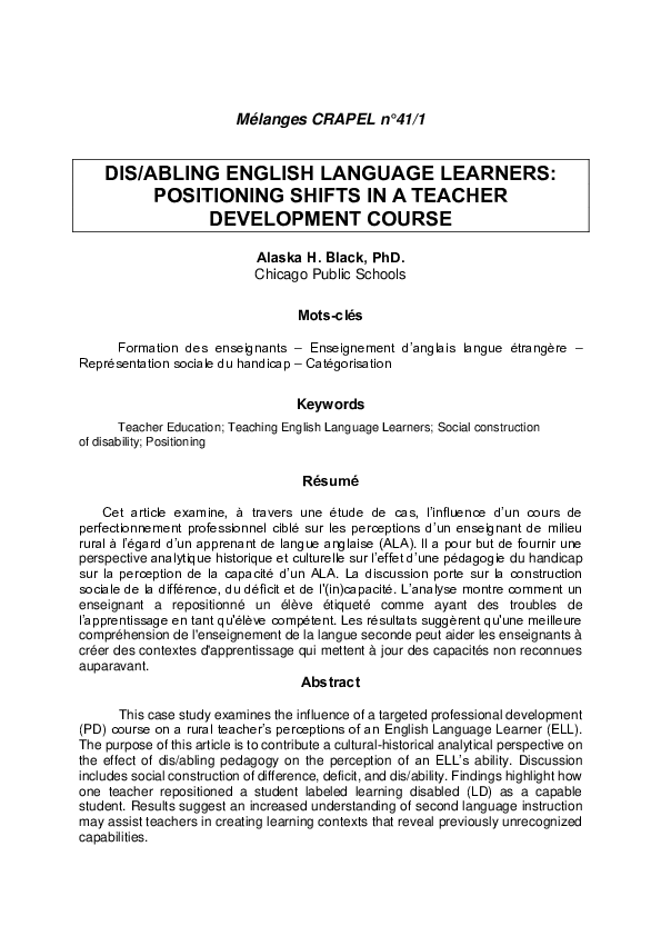 (PDF) DIS/ABLING ENGLISH LANGUAGE LEARNERS: POSITIONING SHIFTS IN A TEACHER DEVELOPMENT COURSE
