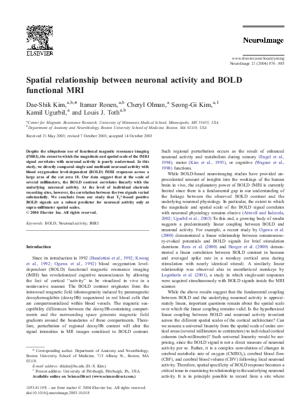 Pdf Spatial Relationship Between Neuronal Activity And Bold