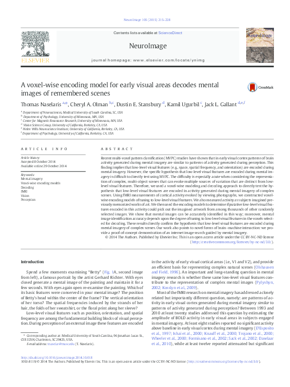 Pdf A Voxel Wise Encoding Model For Early Visual Areas Decodes Mental