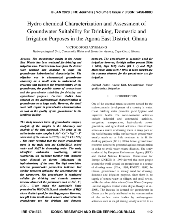 (PDF) Hydrochemical Characterization And Assessment Of Groundwater Suitability For Drinking ...