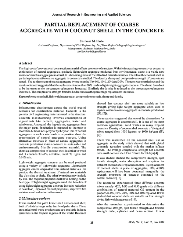(PDF) PARTIAL REPLACEMENT OF COARSE AGGREGATE WITH COCONUT SHELL IN THE ...