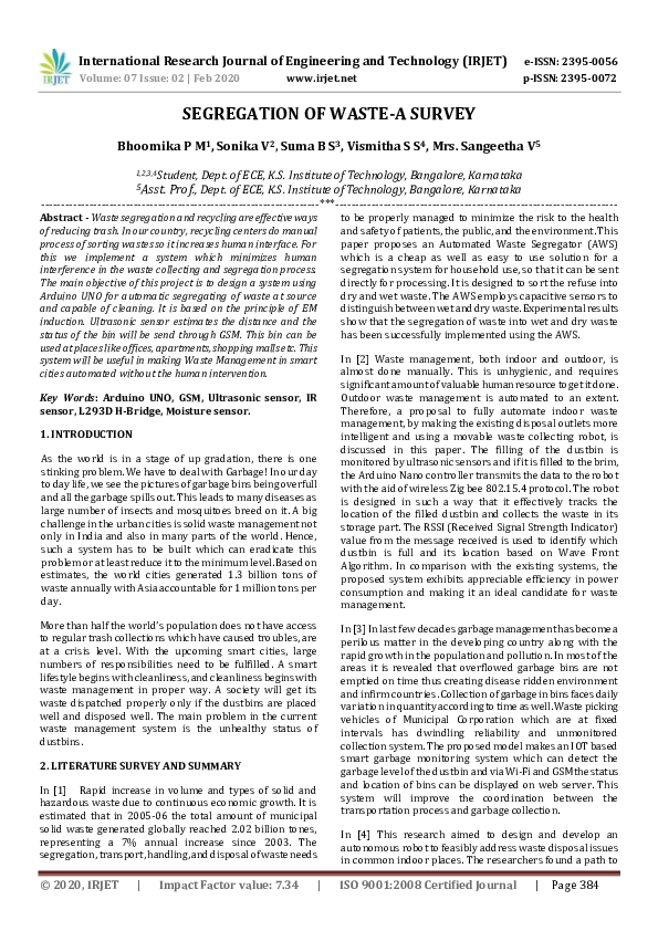 (PDF) SEGREGATION OF WASTE-A SURVEY