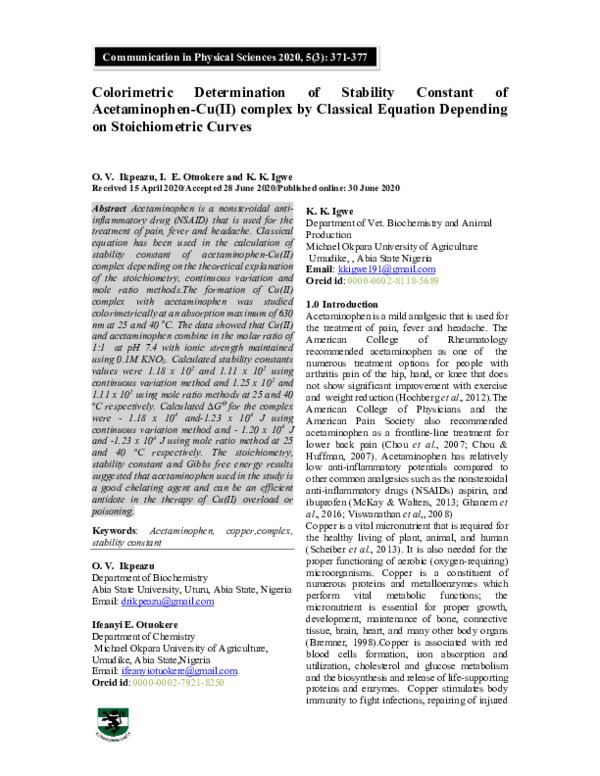(PDF) Colorimetric Determination of Stability Constant of Acetaminophen ...