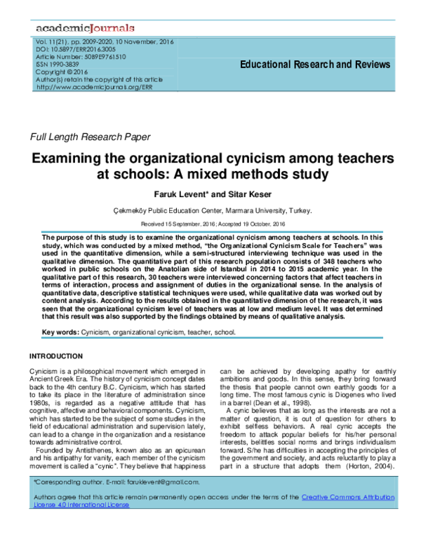 (PDF) Examining the organizational cynicism among teachers at schools ...