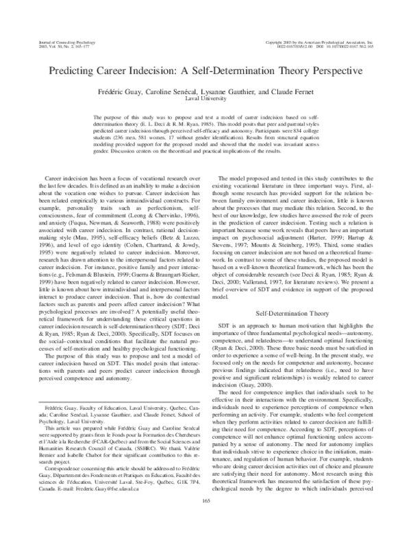 Pdf Predicting Career Indecision A Self Determination Theory Perspective