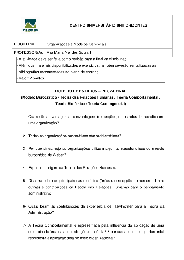 (PDF) Roteiro de estudos prova final