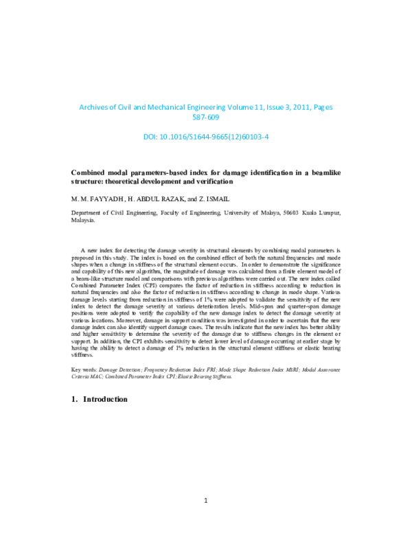 (PDF) Combined modal parameters-based algorithm for damage identification in a beamlike ...