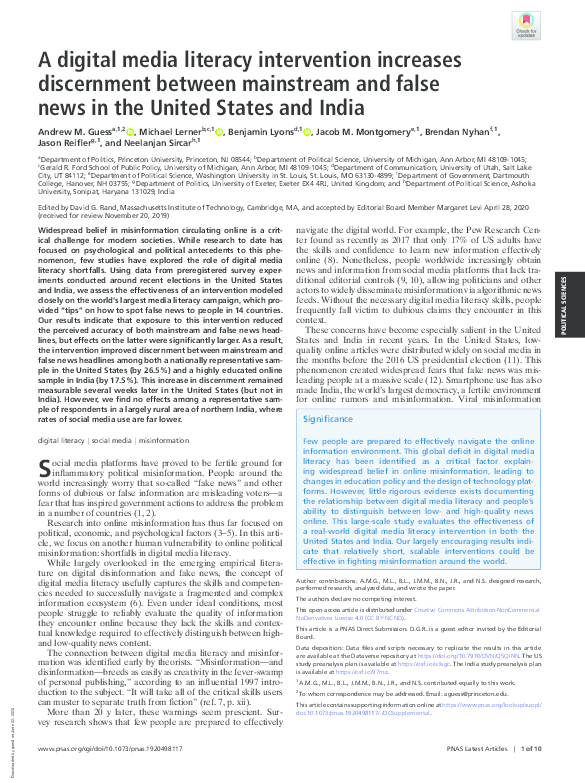 (PDF) A digital media literacy intervention increases discernment ...