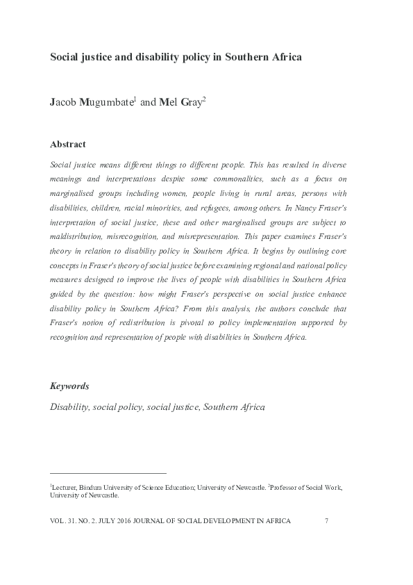 (PDF) Social justice and disability policy in Southern Africa