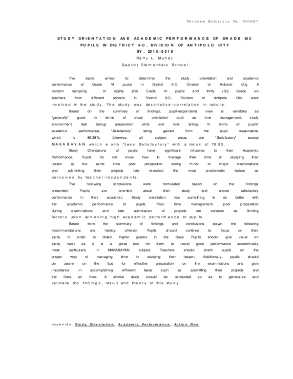 (PDF) STUDY ORIENTATION AND ACADEMIC PERFORMANCE OF GRADE SIX PUPILS IN ...