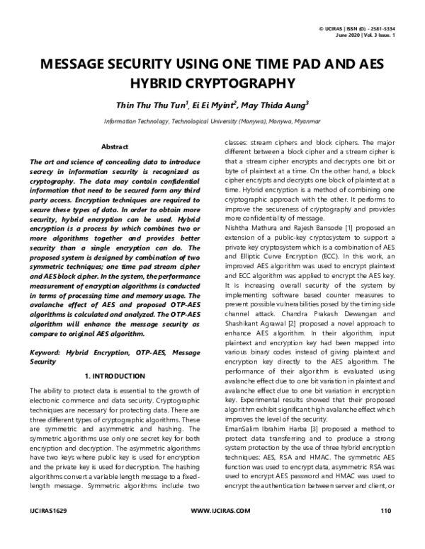 Pdf Message Security Using One Time Pad And Aes Hybrid Cryptography