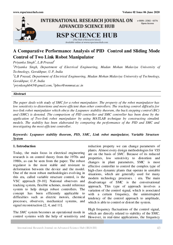 (PDF) A Comparative Performance Analysis of PID Control and Sliding Mode Control of Two Link ...