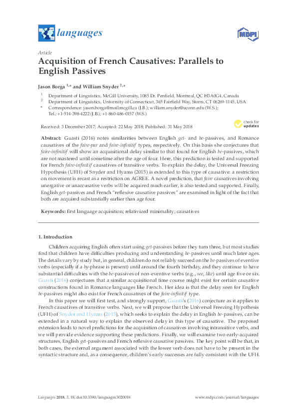 (PDF) Acquisition of French Causatives: Parallels to English Passives