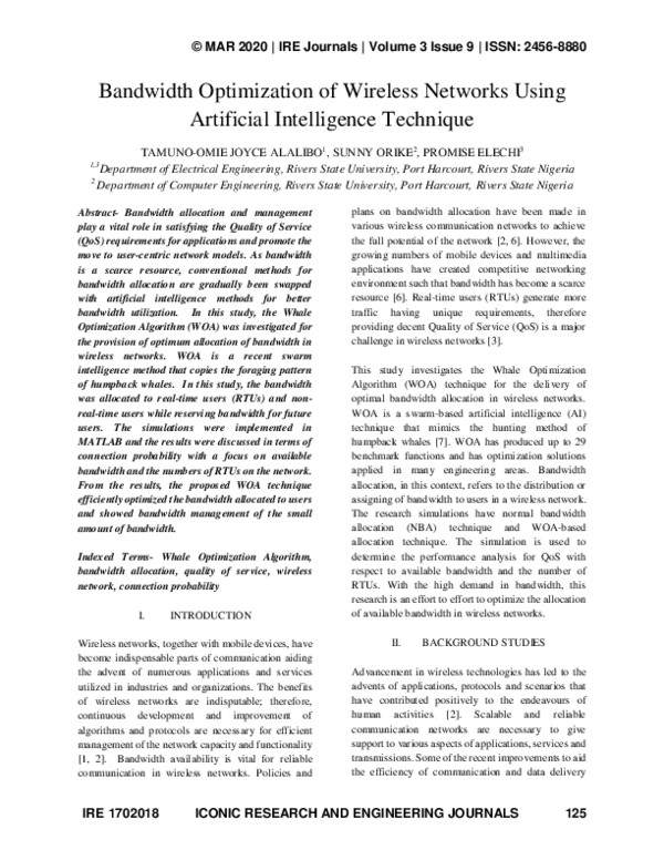 Pdf Bandwidth Optimization Of Wireless Networks Using Artificial Intelligence Technique