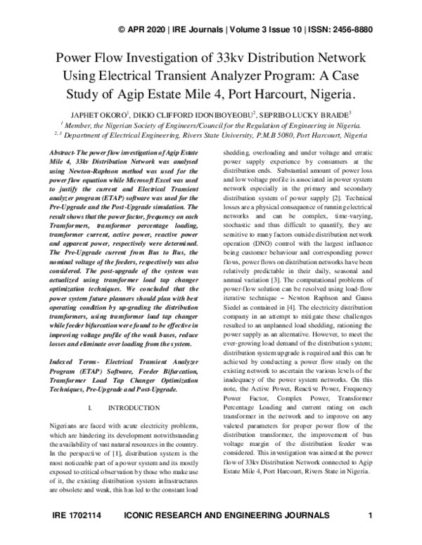 (PDF) Power Flow Investigation of 33kv Distribution Network Using Electrical Transient Analyzer ...