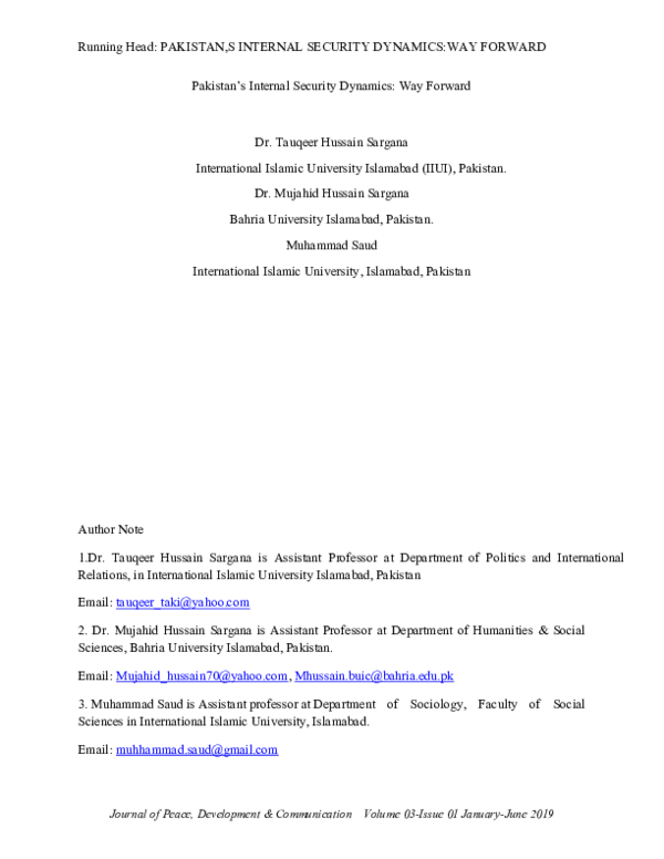 (PDF) Pakistans Internal Security Dynamics Way Forward