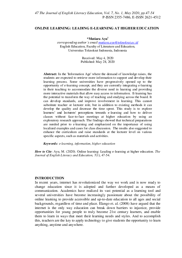 (PDF) ONLINE LEARNING: LEADING E-LEARNING AT HIGHER EDUCATION