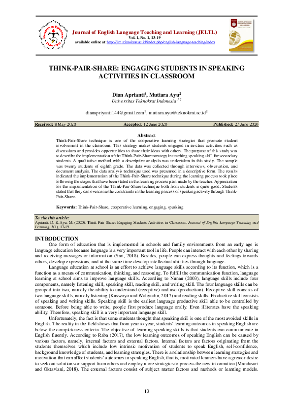 (PDF) THINK-PAIR-SHARE: ENGAGING STUDENTS IN SPEAKING ACTIVITIES IN ...