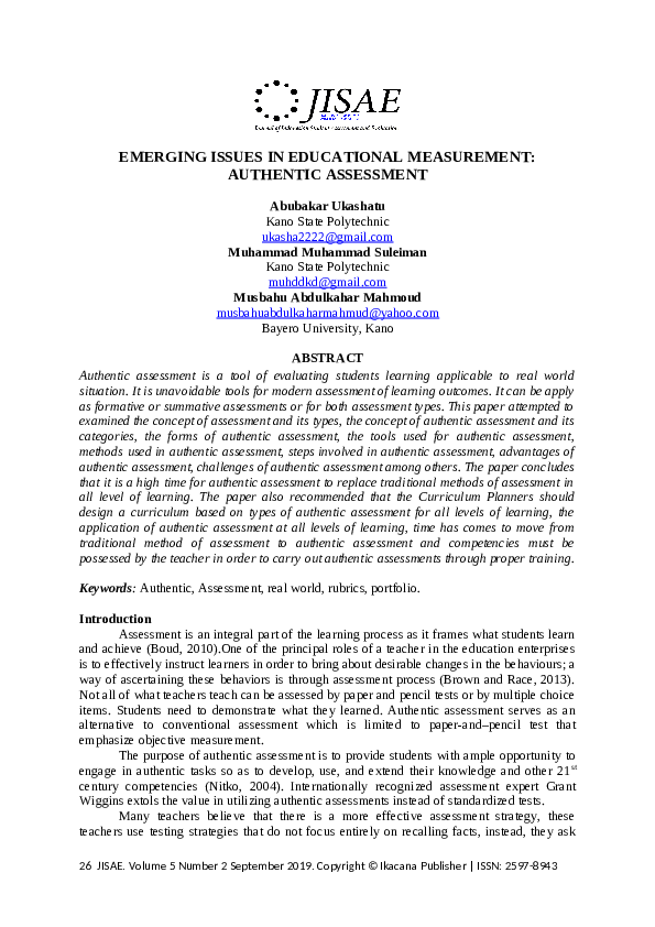 (PDF) EMERGING ISSUES IN EDUCATIONAL MEASUREMENT: AUTHENTIC ASSESSMENT