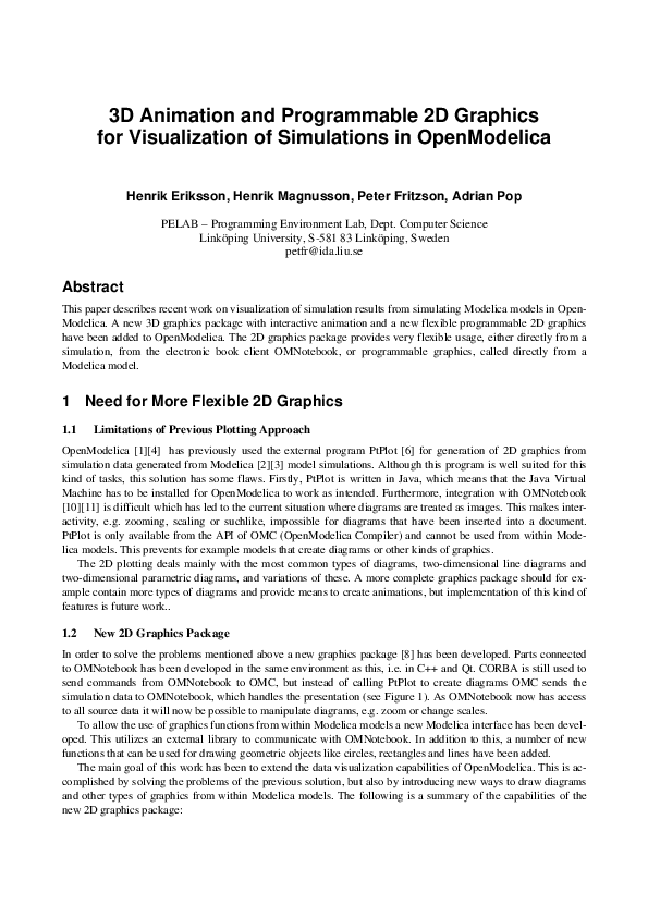(PDF) 3D Animation and Programmable 2D Graphics for Visualization of Simulations in OpenModelica