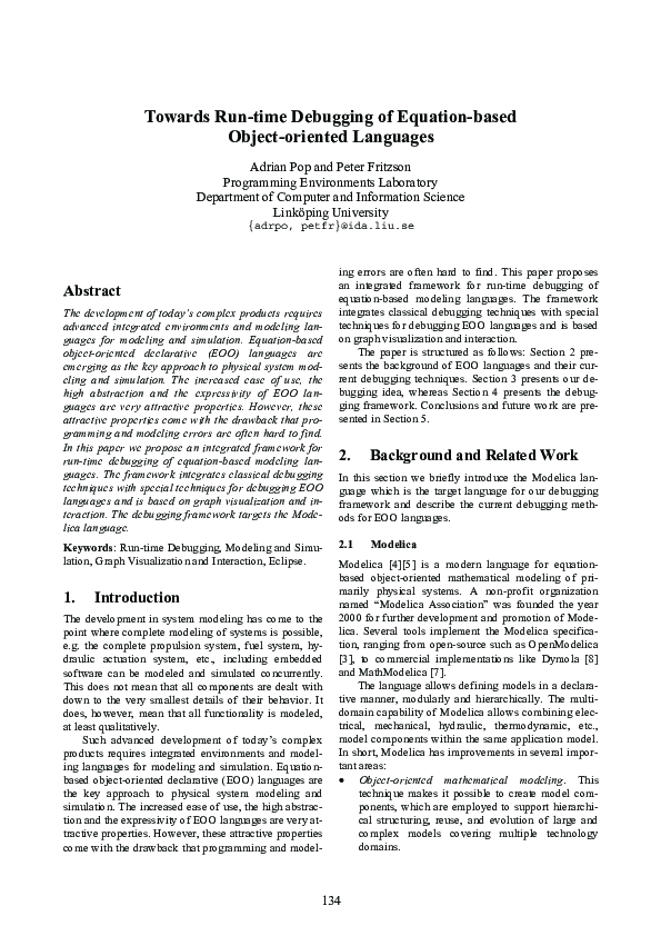 (PDF) Towards Run-time Debugging of Equation-based Object-oriented Languages