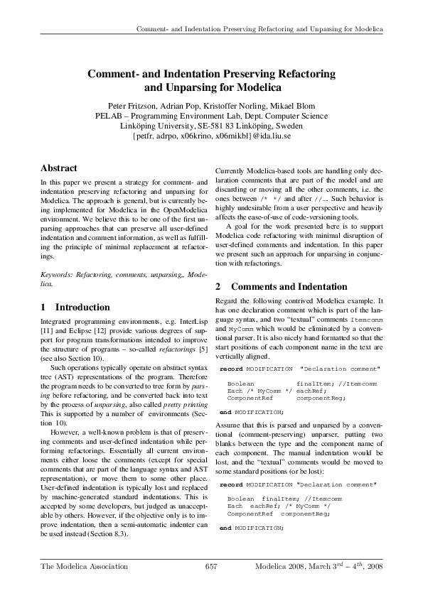 (PDF) Comment-and indentation preserving refactoring and unparsing for modelica