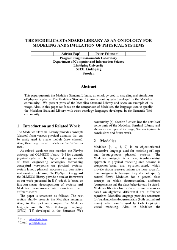 (PDF) The Modelica Standard Library as an Ontology for Modeling and Simulation of physical systems