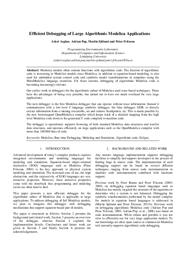 Pdf Efficient Debugging Of Large Algorithmic Modelica Applications