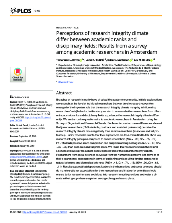 (PDF) Perceptions of research integrity climate differ between academic ...