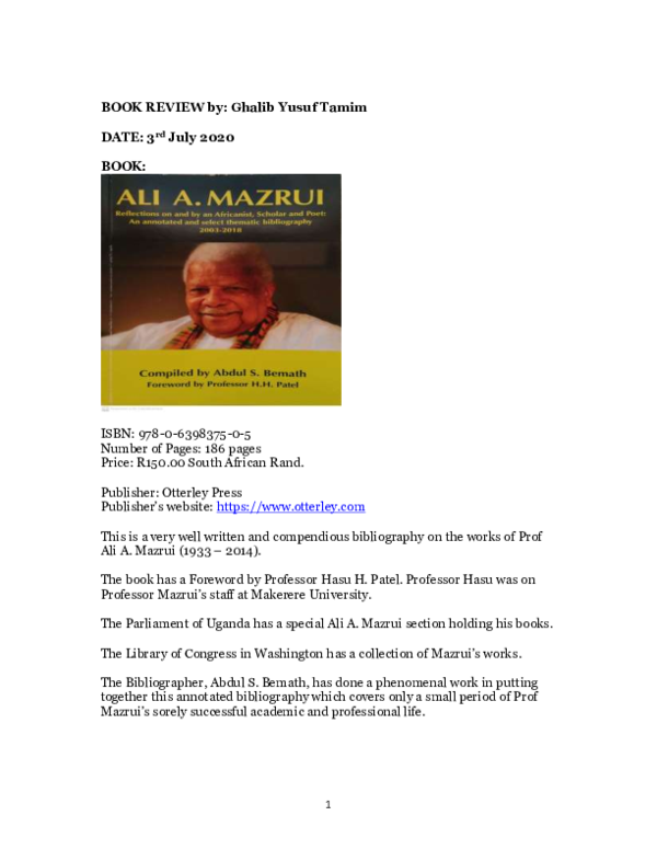 (PDF) BOOK REVIEW: Ali A. Mazrui: Reflections on and by an Africanist ...