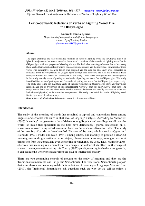 (PDF) Lexico-Semantic Relations of Verbs of Lighting Wood Fire in Okigwe-Igbo