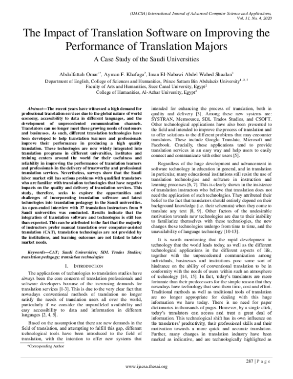 (PDF) The Impact of Translation Software on Improving the Performance of Translation Majors A ...