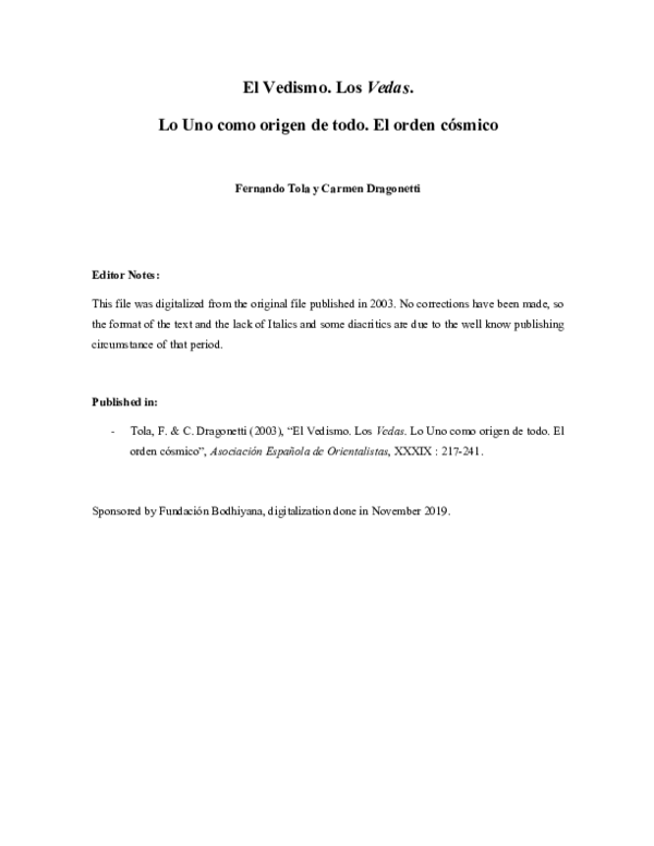 (PDF) El Vedismo. Los Vedas. Lo Uno como origen de todo. El orden cósmico