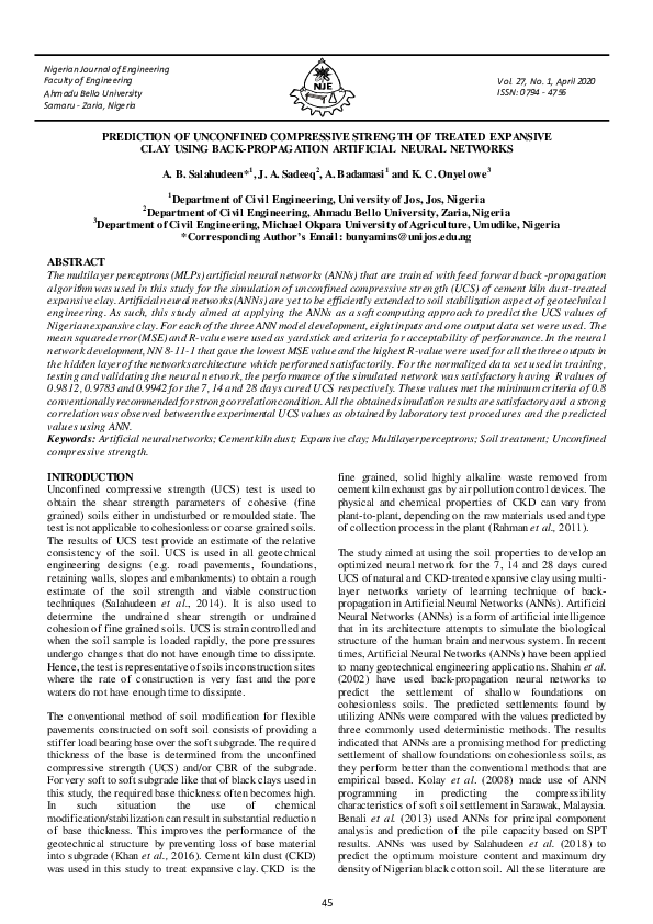 (PDF) PREDICTION OF UNCONFINED COMPRESSIVE STRENGTH OF TREATED EXPANSIVE CLAY USING BACK ...
