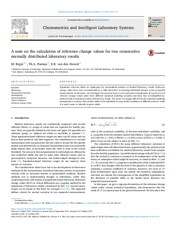 (PDF) A note on the calculation of reference change values for two ...