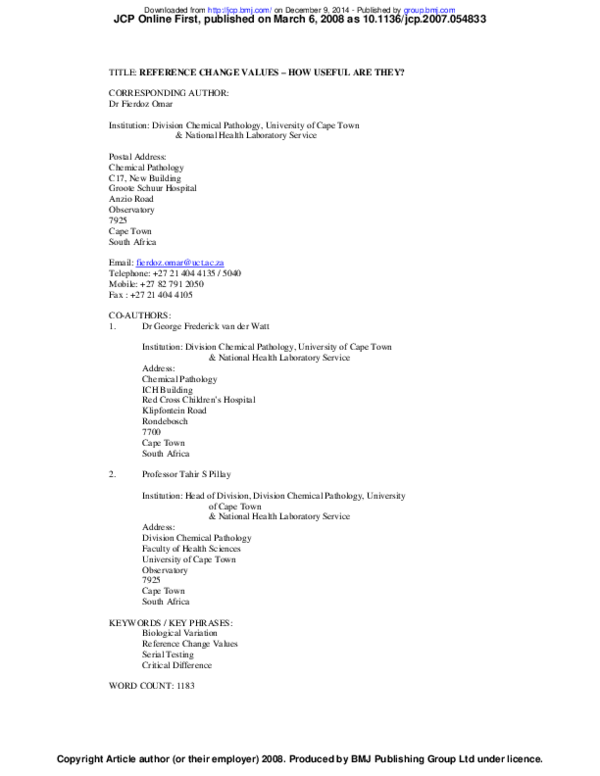 (PDF) TITLE: REFERENCE CHANGE VALUES -HOW USEFUL ARE THEY