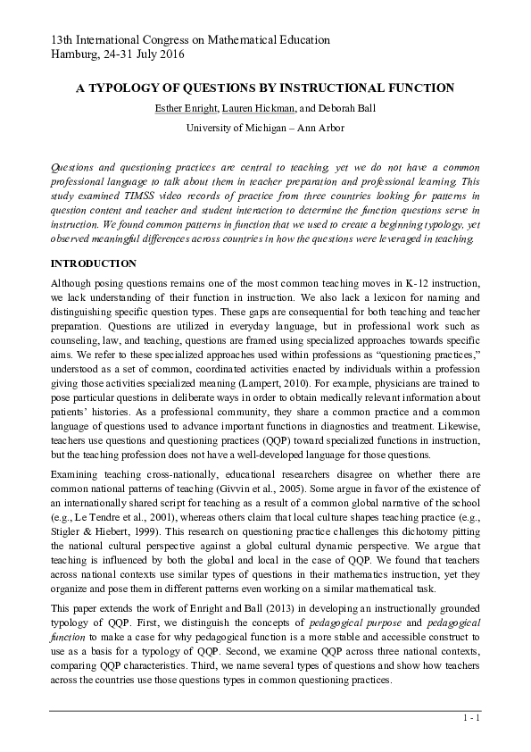 (PDF) A Typology of Questions by Instructional Function