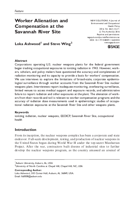 (PDF) Worker Alienation and Compensation at the Savannah River Site ...