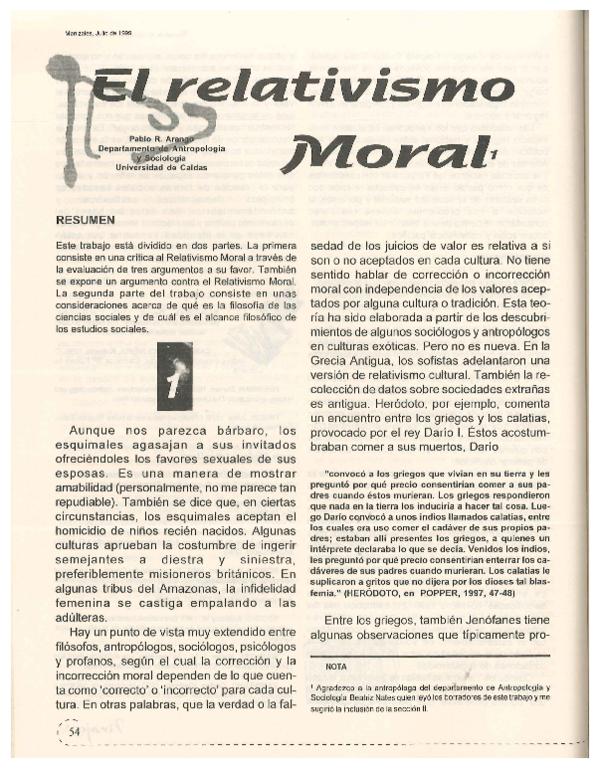 (PDF) El relativismo moral, por Pablo R. Arango. (1999)